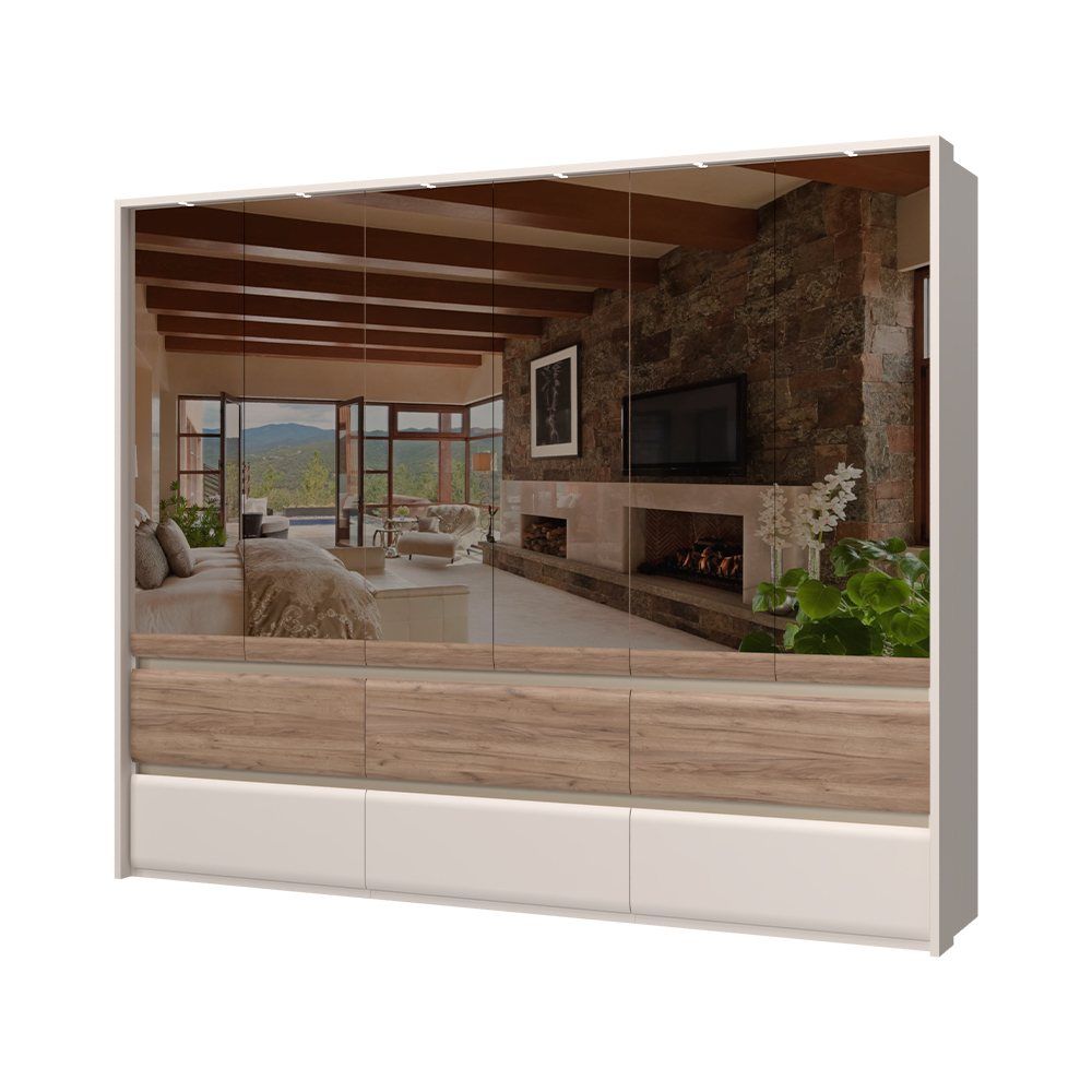 Hat ajtós, tükrös gardróbszekrény, világítással, kasmír, tölgy színű ...